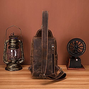 Le'aokuu Outdoor Casual Travel Hiking Tea Crossbody Chest Sling Bag Rig One Shoulder Strap Bag Backpack For Men Male Real Leather 1315 (A Brown)