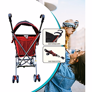 AmorosO Single Umbrella Stroller for Toddler, Travel Stroller for Babies - Sunlight and Light Rain Protection - Baby Stroller with Four EVA Wheels - Travel-Ready Stroller - Round Canopy (Red/Black)