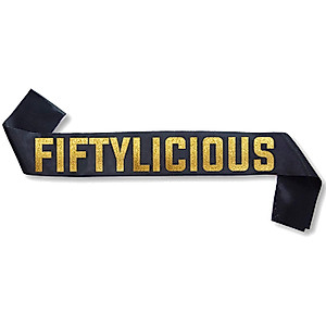 Fiftylicious Black and Gold Glitter Satin Sash - Happy 50th Birthday Party Supplies, Ideas and Decorations
