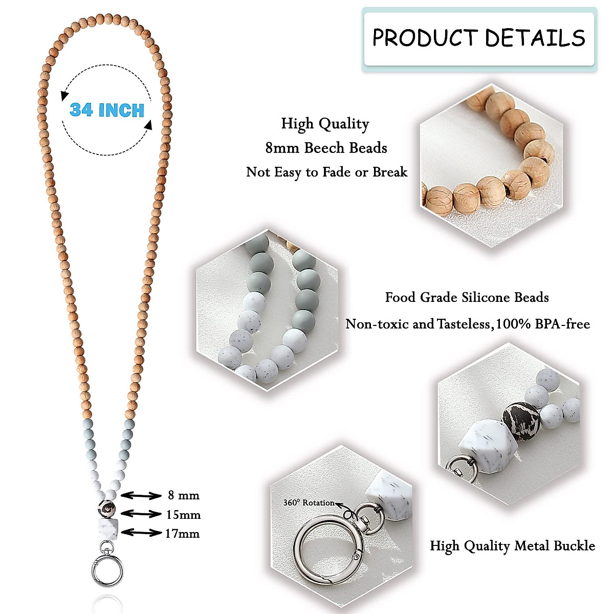 USANGERS Lanyards for ID Badges Keys Women Cute Teacher Lanyard with ID Holder Silicone Wooden Beaded Lanyard Necklace School Work Jewelry Female Nurse Accessories Teacher Appreciation Gifts Women