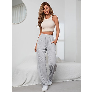 MakeMeChic Women's Casual Baggy Elastic High Waist Sweatpants Slant Pocket Workout Yoga Sport Pants Grey L