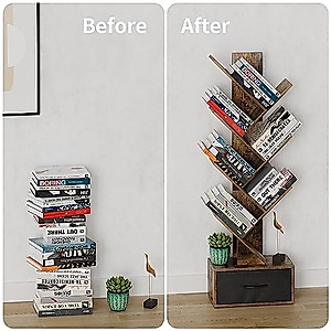 Egepon 6-Tier Tree Bookshelf with Drawer Rustic Brown Book Shelf Storage Rack Floor Standing Bookcase for CDs Movies Books Multifunctional Organizer Shelves for Home Office Living Room Bedroom