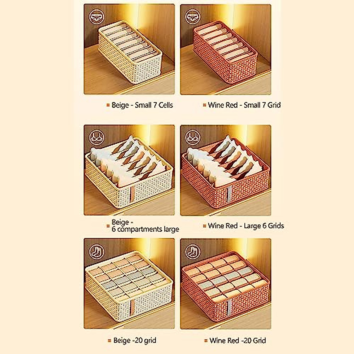 verrio Sock Underwear Organizer Drawer Dividers, Sock Underwear Drawer Organizer Bins, Closet Cabinet Organizer Underwear Storage Boxes for Storing Socks, Undies and Baby Clothes (Beige-M)