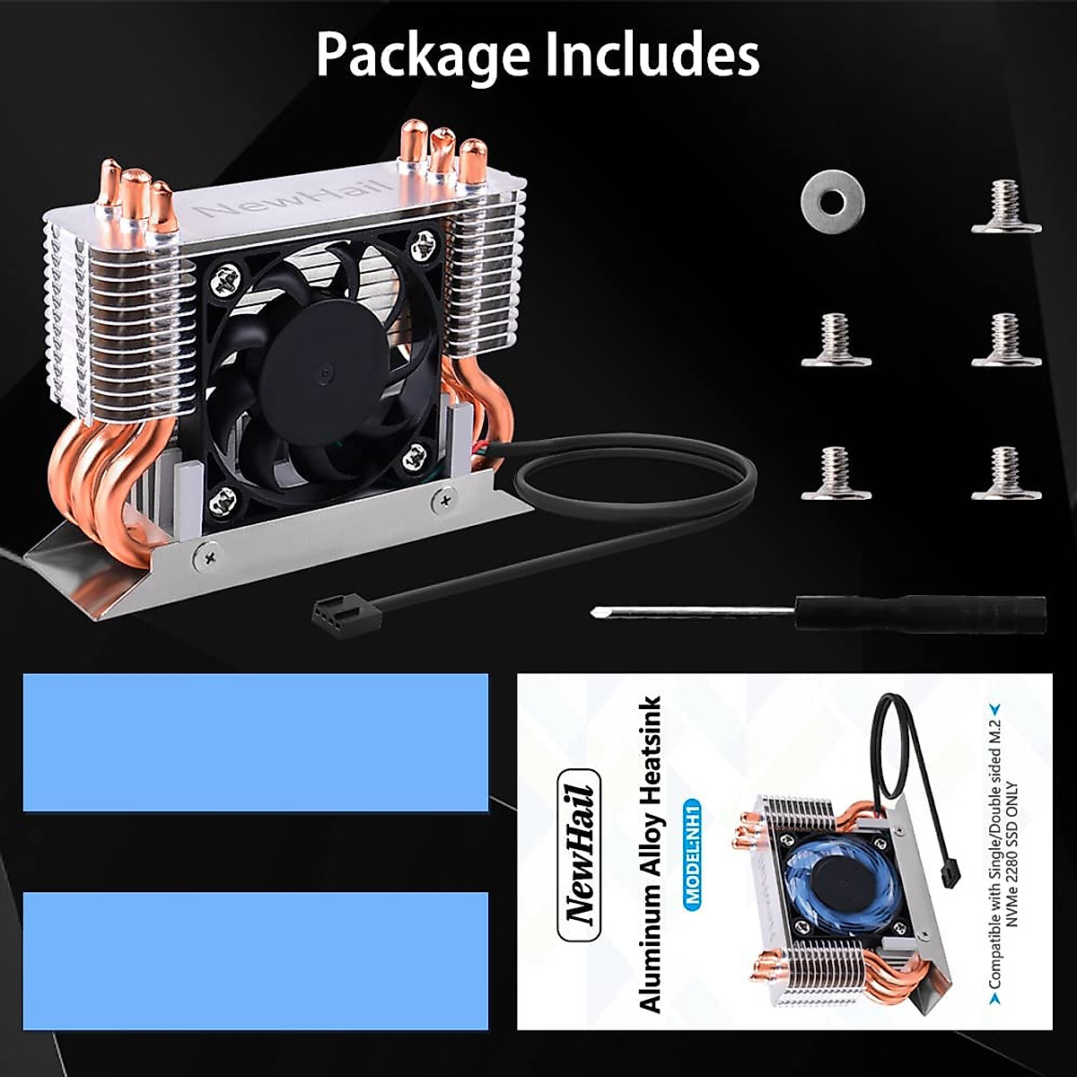 NewHail 12V M.2 2280 SSD Heatsink with 40mm PWM Cooling Fan, Copper Heat Pipes and Thermal Pad, SSD Cooler for M.2 2280 NVMe & SATA SSD Only