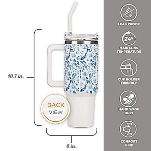 Christian Art Gifts Extra Large Double Wall Stainless Steel Insulated Travel Tumbler for Women: Trust in the Lord Uplifting Scripture, Twist Dial Lid, Reusable Straw & Tip, White & Blue Floral, 40 oz