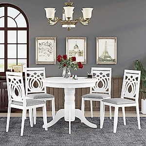 Merax Mid-Century Wood 5-Piece Extendable Dining Table Set with 4 Upholstered Chairs for Small Places, White_Round