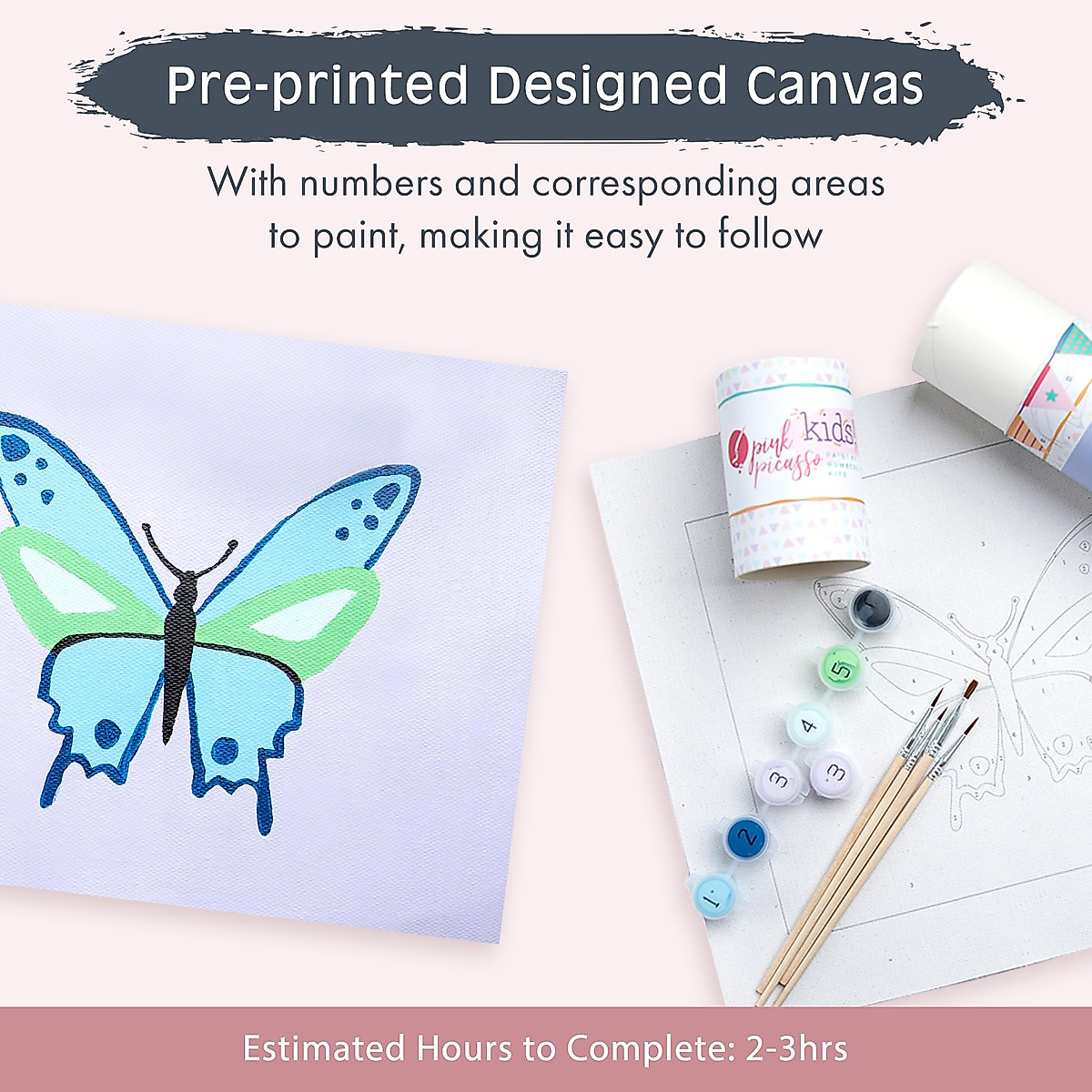 Pink Picasso Kits Paint by Number for Kids Ages 8-12 | DIY Beginner Kids Craft Kit Acrylic Paint Canvas Painting Art Kits & Wall Decor as Seen On Shark Tank | (Butterfly) 8x10-Paint Kit Set