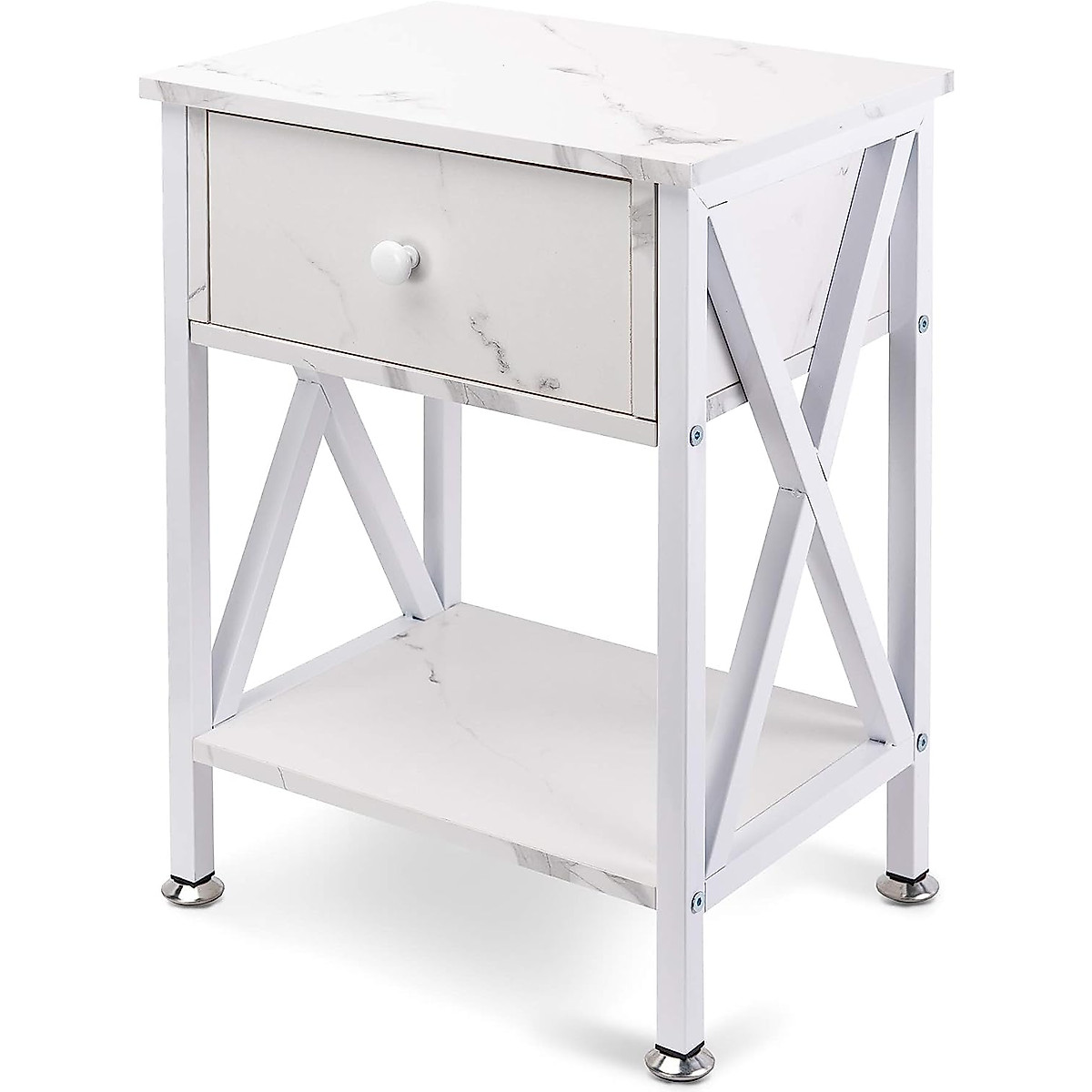 GOOD & GRACIOUS Nightstand End Side Table with Drawer Night Stand End Tables with Shelf for Living Room, Bedroom, Bed Side, Small Narrow Side Tables, Metal White
