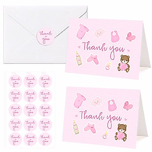 BRT Bearingshui Baby Shower Thank You Cards with Envelopes and stickers Total 24PK, 4x6 Inches Baby Girl Shower Thank You Cards