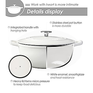 EDGING CASTING Cast Iron Dutch Ovens With Lid Dual Handle Enameled Dutch Oven, 3.5 Quart, White