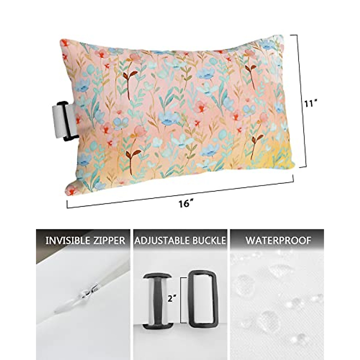 Recliner Head Pillow Ledge Loungers Chair Pillows with Insert Plant Pink Blue Flower Gradient Background Lumbar Pillow with Adjustable Strap Outdoor Waterproof Patio Pillows for Beach Pool, 2 PCS