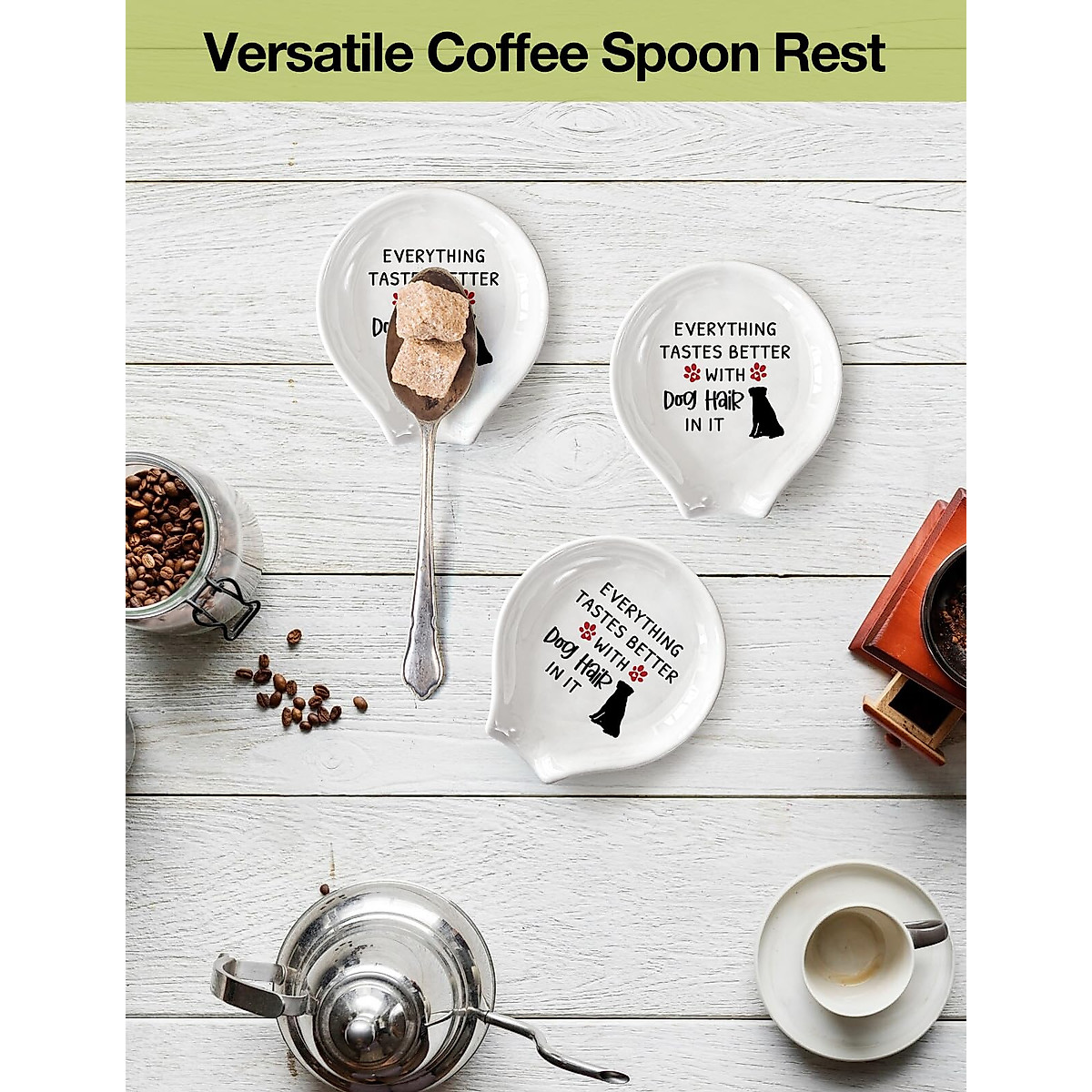 WHING Funny White Ceramic Coffee Tea Spoon Rest, Everything Tastes Better With Dog Hair in it - Coffee Station Decor Coffee Holder Accessories Gift for Coffee Lovers Friends