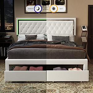 Jocisland Full Size Bed Frame with LED Lights&Storage Drawers,Velvet Upholstered Platform Bed,No Box Spring Needed,White