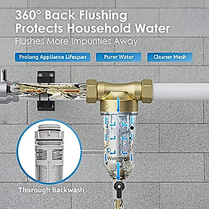Waterdrop Spin Down Sediment Filter, Backwash Whole House Water Filter System for Well Water, 40-50 Micron, 1" MNPT + 3/4" FNPT + 3/4"MNPT, Traps Sand, BPA Free, WD-RPFK