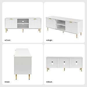 Okvnbjk TV Stand for 65+ Inch TV, Modern Living Room Entertainment Center with Storage Cabinets, Waveform Panel Wood Media Console with Ajustable Shelves & Cable Management for Bedroom, White