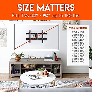 ECHOGEAR Wall Mount Bracket for TVs Up to 90" - Low Profile Design Holds TV Only 2.25" from Wall - Fast Install with Template & You Can Level After Mounting - Pull Strings for Easy Cable Access