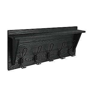 Flexzion Wall Shelf with Hooks, Wall Coat Rack with Double Loop Hooks, 24-Inch Vintage Black Entryway Shelf with Coat Hooks Wall Mounted Rustic Farmhouse Wood Floating Shelves with Coat Hanger