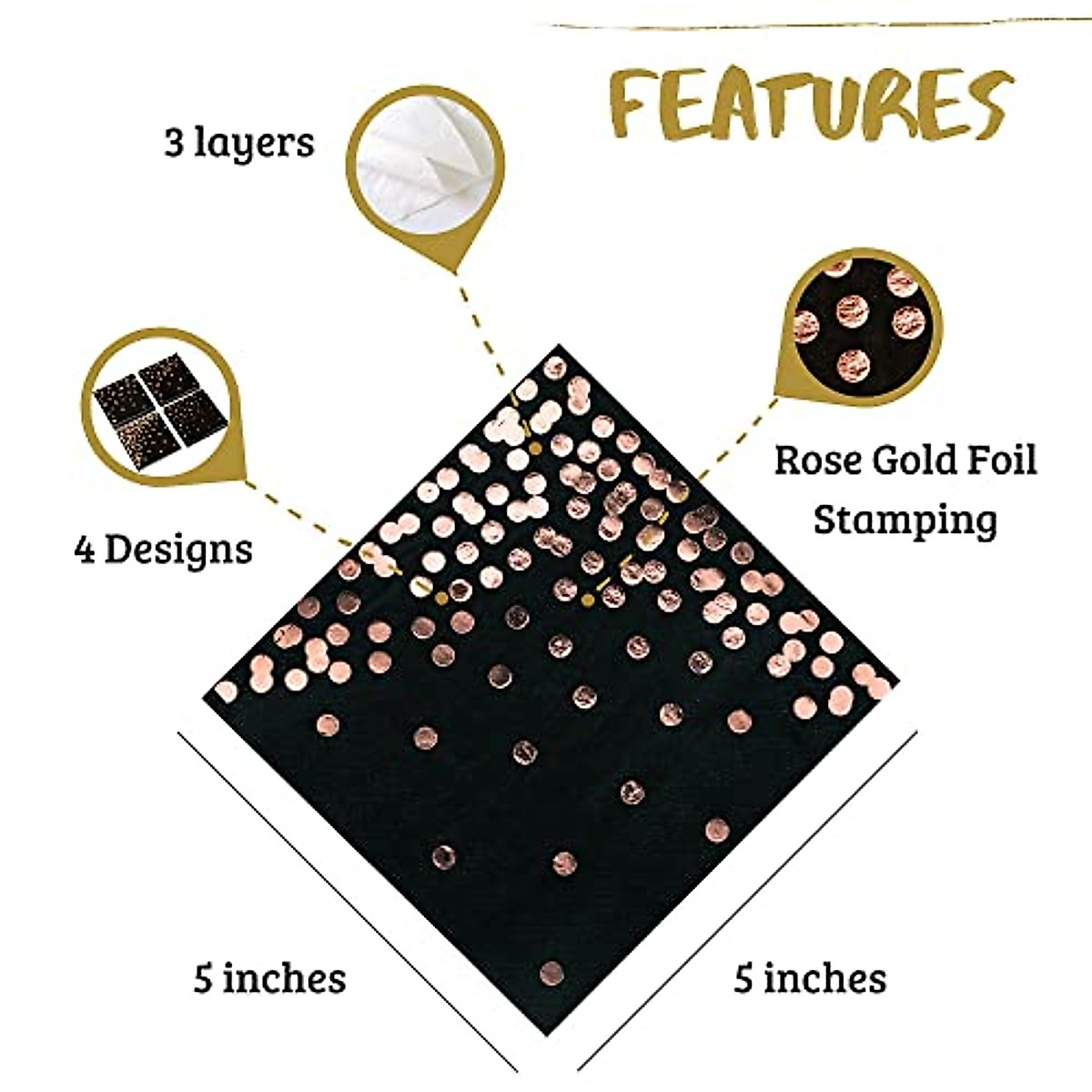 100 Black and Rose Gold Napkins - 4 Assorted Designs, 3-Ply Cocktail Napkins Folded 5x5 Inches Bar Napkins Disposable Beverage Party Napkins Paper Napkins Dinner for Wedding Birthday