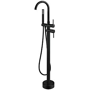 Aolemi Floor Mount Bathtub Faucet Freestanding Tub Filler Standing High Flow Shower Faucets Shower Mixer Taps Swivel Gooseneck Spout with Cylinder Handheld Matte Black