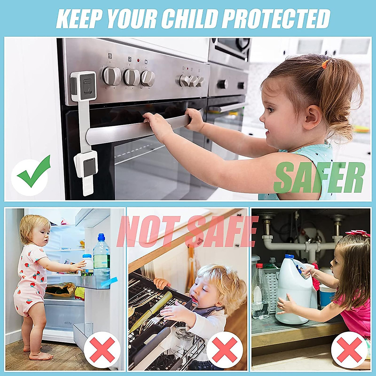 2 PCS New Version Baby Proof Child Locks for Cabinets - Child Safety Cabinet Locks for Babies, No Screws & Magnets Multi-Purpose for Drawers, Fridge, Dishwasher, Ovens, Toile…