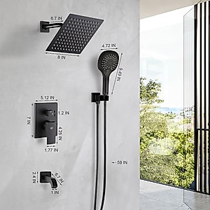 POP SANITARYWARE Matte Black Shower Faucet Set with Tub Spout Bathroom Rainfall 8 Inch Shower Head System with Handheld Single Handle Shower Trim Kit with Valve