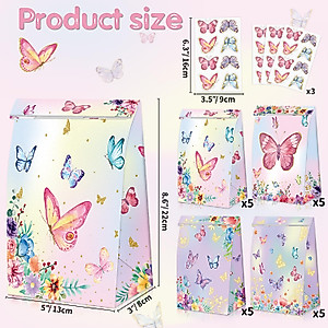 Butterfly Party Gift Bags - 20 Pcs Goodie Bags Party Favor Bags with Butterfly Stickers, Colored Paper Bags Treat Bags Birthday Goodie Bags for Kids Butterfly Birthday Party Supplies
