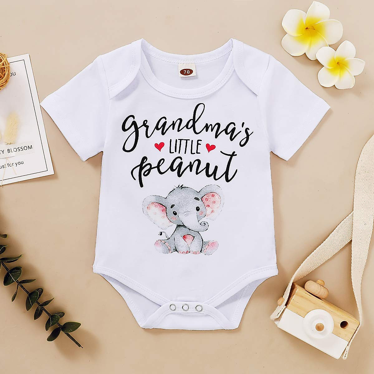 Happy Town Infant Baby Girls Boys Grandma's Little Peanut Short Sleeve Romper Bodysuit Causal Outfits (White, 0-3 Months)