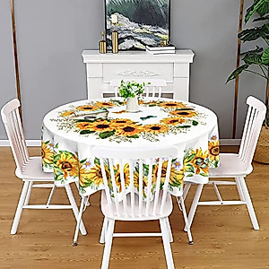 smuxqni Blooming Sunflower Tablecloth Round 60 Inch- Summer Yellow Floral Table Cloth Washable Reusable Farmhouse Sunflower Table Cover Table Cloth for Home Patio Party Picnic