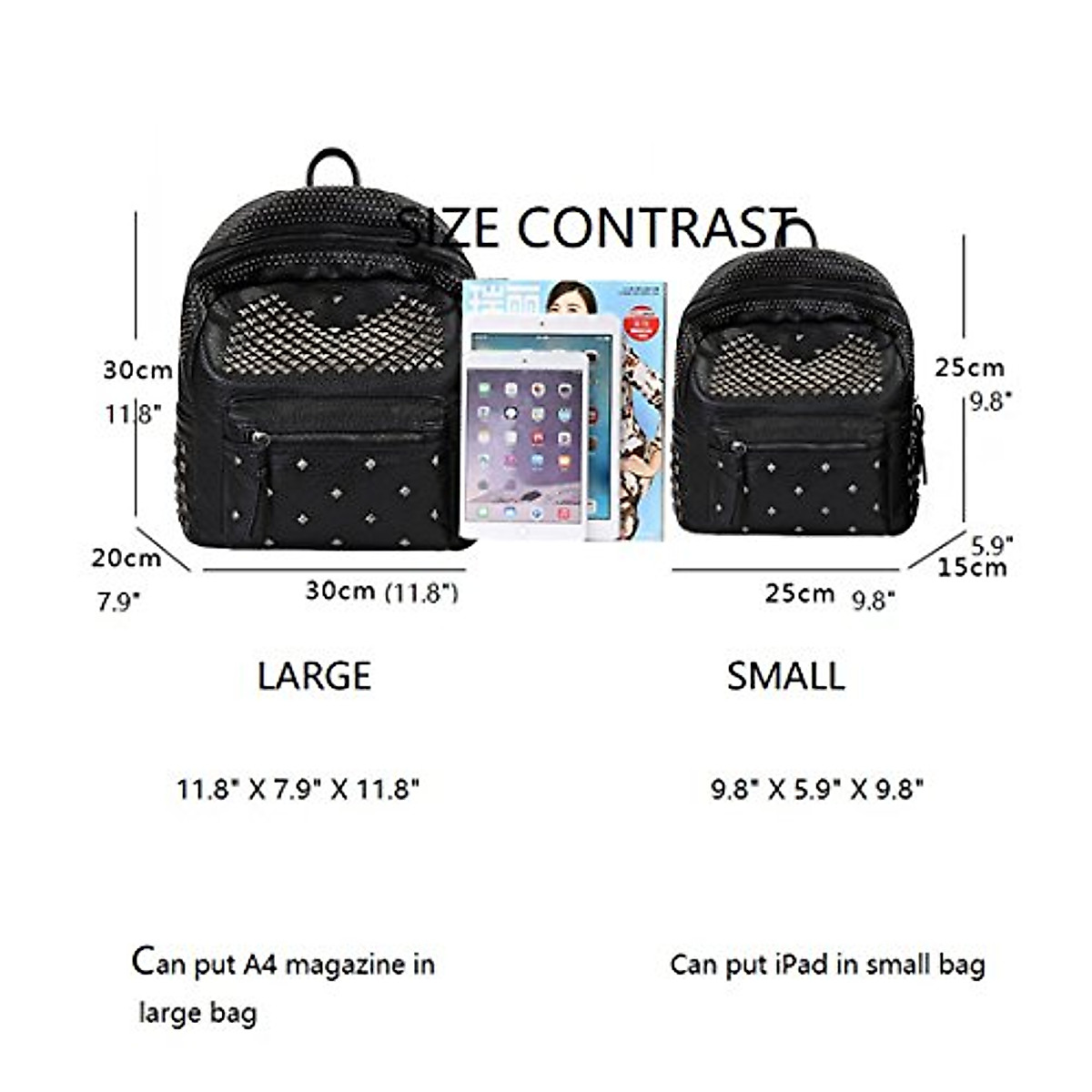 Ladies Women PU Leather Backpack Rivet Studded Cute Satchel School Bags (Black-L)