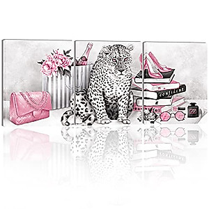Visual Art Decor Glam Fashion Picture Pink Blush Wall Art Leopard Books High Heel Shoes Perfume Canvas Prints for Modern Home Office Woman Girl Makeup Bedroom Wall Decoration Creative Design Gift (12x16x3)