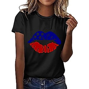 Turtleneck Juniors Independence Day Shirt Women Graphic T Shirts for Women Top Crewneck Short Sleeve Lip Print Top Short Black