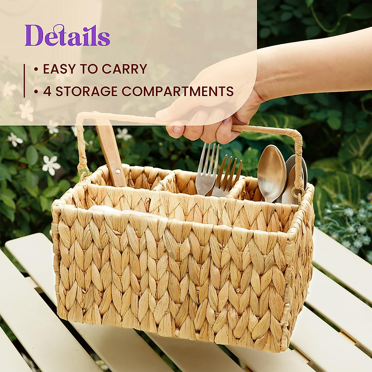 ACAHOME Wicker Silverware Caddy with Handle - Hand Woven Flatware Caddy for Countertop, Picnic - Handmade Utensil Holder Organizer for Kitchen, Office, Bathroom, Bedroom (Water Hyacinth)