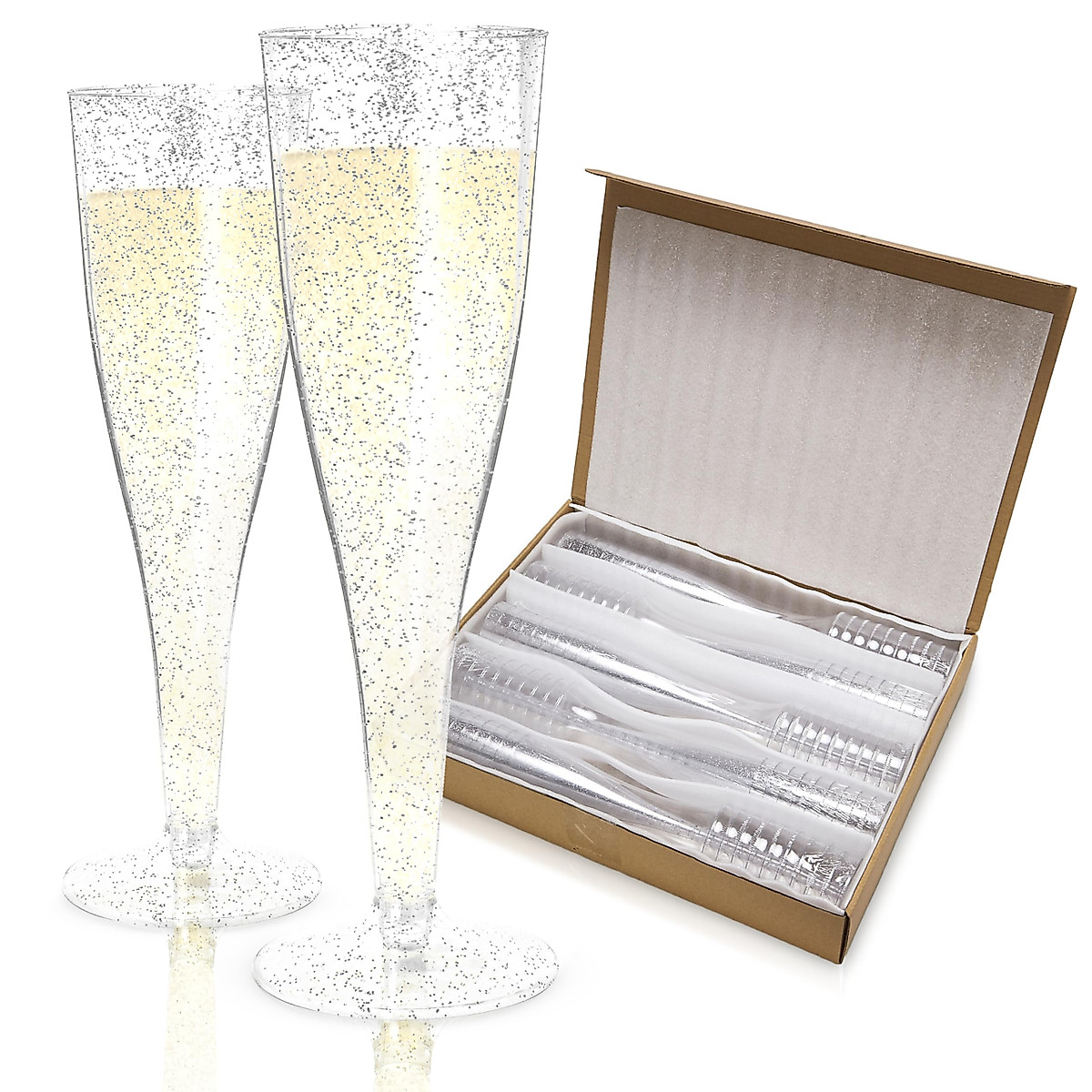 Prestee 100 Pack Plastic Champagne Flutes Disposable - Durable Silver Glitter Champagne Glasses 4.5 oz - Ideal for Parties, Weddings, Mimosa Bar, and Celebrations - Elegant Single Use Party Glasses