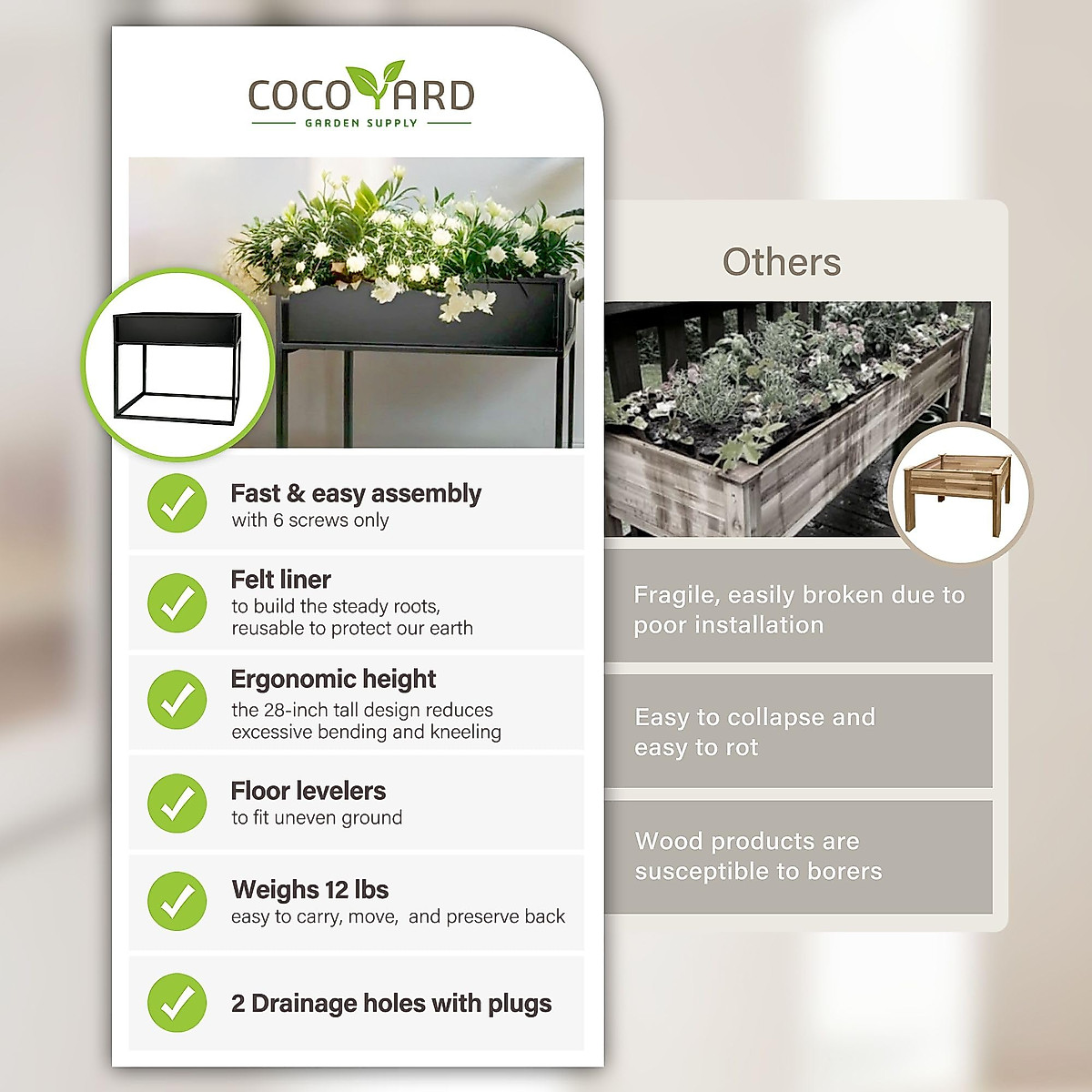 Cocoyard Elevated Planter Box - 28 Inch Durable Raised Garden Bed for Herbs and Flowers - Stylish Tall Rectangular Planter for Outdoor Plants for Patio Decor & Backyard Gardening - Indoor Planter