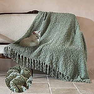 Amélie Home Textured Mulberry Woven Farmhouse Throw Blanket with Tassels Chunky Boho Knit Throw Blanket Room Decor (Sage Green, 50'' x 60'')