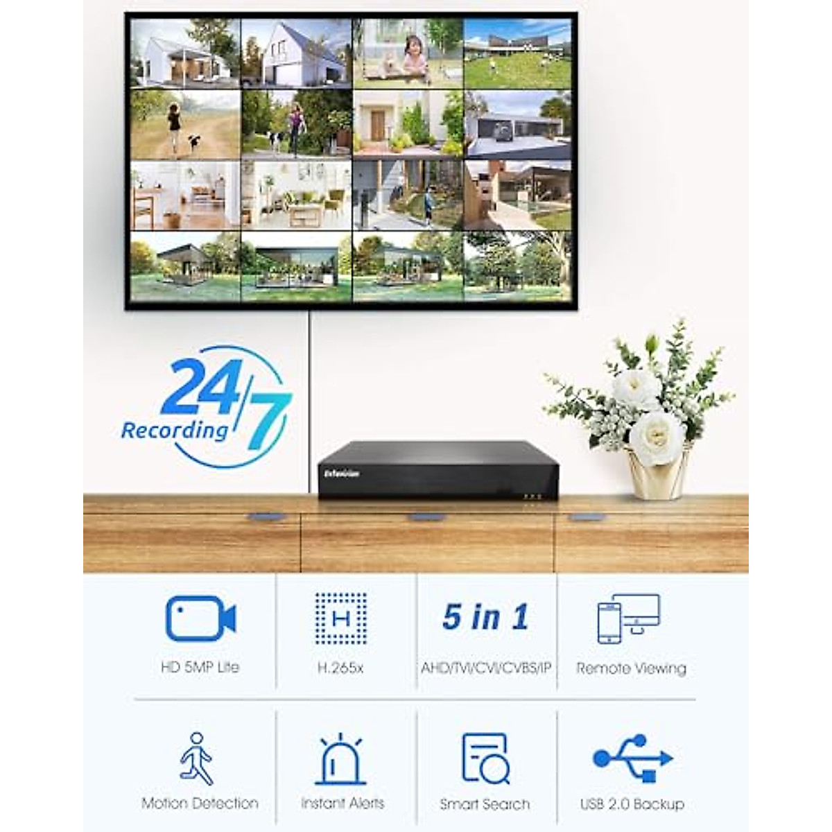 Evtevision 5MP Lite 16 Channel Security Video Recorder with Human/Vehicle Detection,16CH Hybrid 5-in-1 DVR Supports AHD/TVI/CVI/CVBS/IP Cameras for Home Business Surveillance,NO HDD