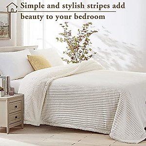 LBRO2M Striped Sherpa Fleece Bed Blanket Queen Size, Super Soft Fuzzy Plush Warm Cozy Fluffy Microfiber Couch Throw Velvet Double Reversible Luxurious Blankets (90x90),Ivory