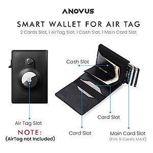 Anovus AirTag Wallet (Black) | Trackable Wallet with AirTag Holder | RFID-Blocking Minimalist Leather Wallet | Slim Leather Airtag Wallet - Men and Women| Smart Wallet - AirTag Not Included