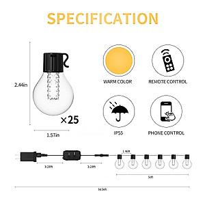 Outdoor String Lights with Dimmer App Control, 50Ft Patio Lights Waterproof Shatterproof G40 Globe 25 Led Bulbs 2000K, Connectable Christmas Hanging Light Timer Remote for Indoor Outside Porch Party