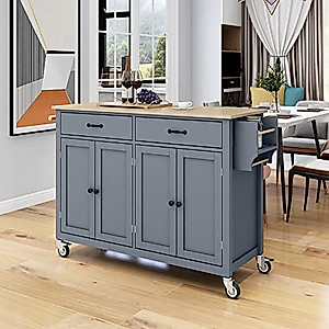 KELRIA Solid Wood Top, Mobile Carts with Storage Cabinet, Rolling Kitchen Table with Spice, Towel Rack, and Drawer, Portable Islands on Wheels, Gray, 54.3 Inch, Grey Blue