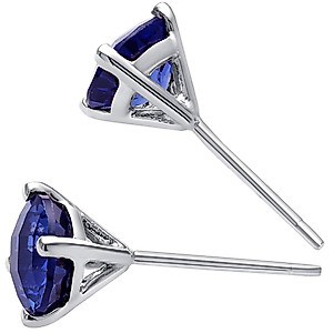 Peora Solid 14K White Gold Created Blue Sapphire Stud Earrings for Women, Classic Solitaire Round Shape, 6mm, 2.25 Carats total, Friction Back, Blue Earrings, September Birthstone Gift