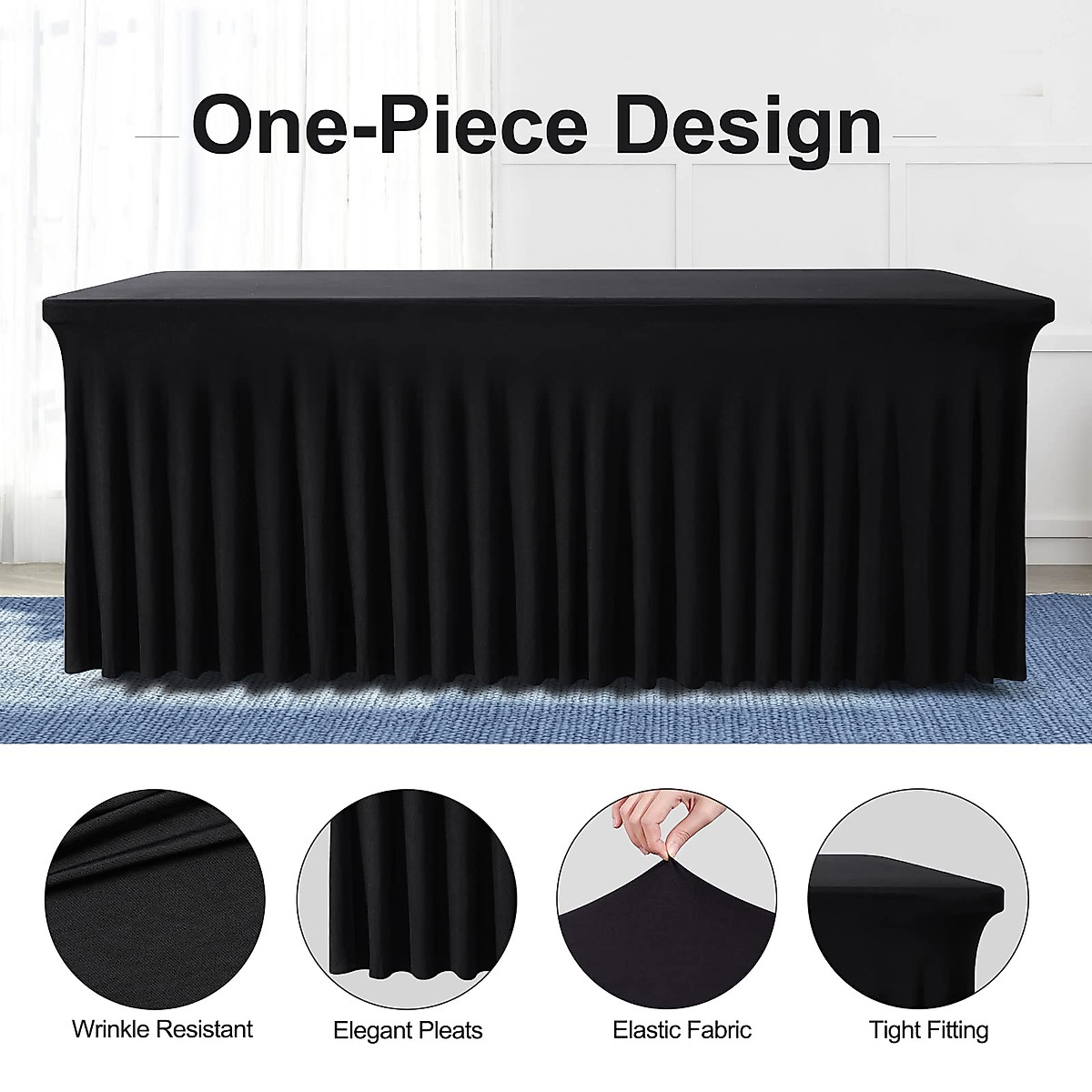 BDDC Table Skirts for Rectangle Tables 6ft - One-Piece Black Table Covers for 6 Foot Tables, Wrinkle Resistant Ruffles Elastic Table Cover and Table Skirt for Banquets, Weddings, Parties