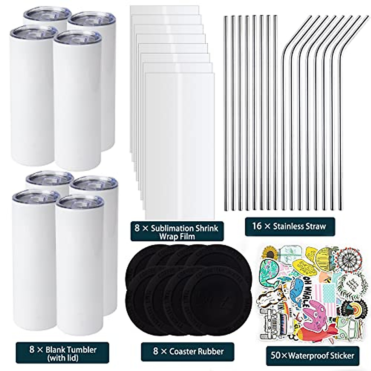 ROTERSTEIN 8 Pack 20 oz Sublimation Tumbler Set Double Walled Stainless Steel Skinny Straight Blank Tumbler Bulk with Lid, Straw, DIY Stickers Shrink Wrap, Rubber Base for Heat Transfer Heat Press