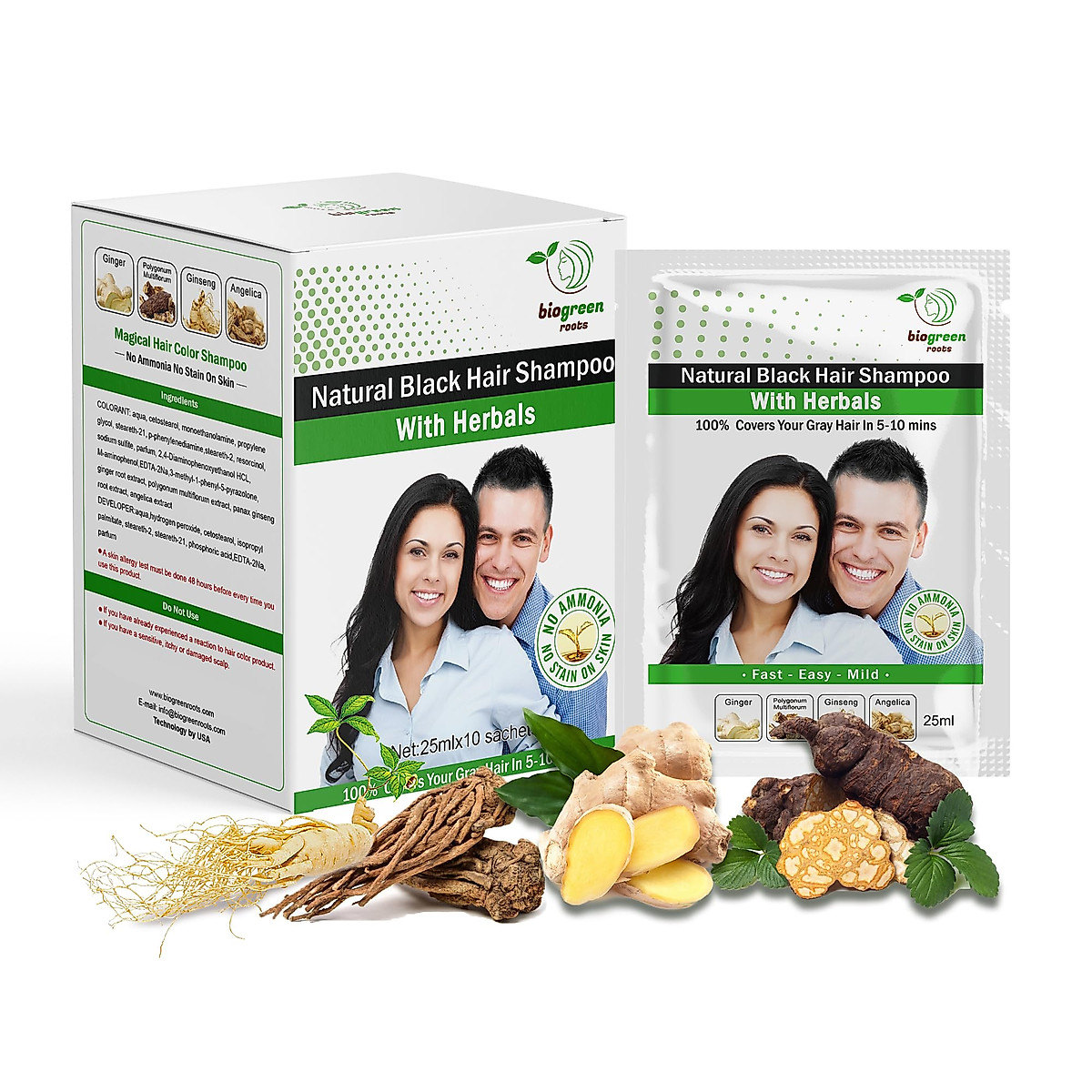 BIOGREEN ROOTS Ammonia-Free Herbal Hair Shampoo - Effectively Covers Gray Hair for Men and Women - Natural Color and Herbal Nourishment - No Stain on Skin - Natural Black (20 sachets x 25 ml)