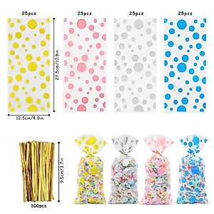 Polka Dot Cellophane Bags, 100pcs Clear Treat Bags, Plastic Christmas Cello Bags Sweets Bags with 100 Twist Ties for Goodie, Cookies, Nut, Gift Wrap, Wedding Birthday Party Favor Supplies (4 Pattern)