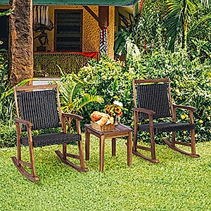 Tangkula 3 Pieces Patio Rocking Chair Set, Patiojoy Acacia Wood Rocker with Side Table, Outdoor Rocking Chairs with Wicker Rattan Seat & Backrest, Rocking Bistro Set for Garden, Backyard, Poolside