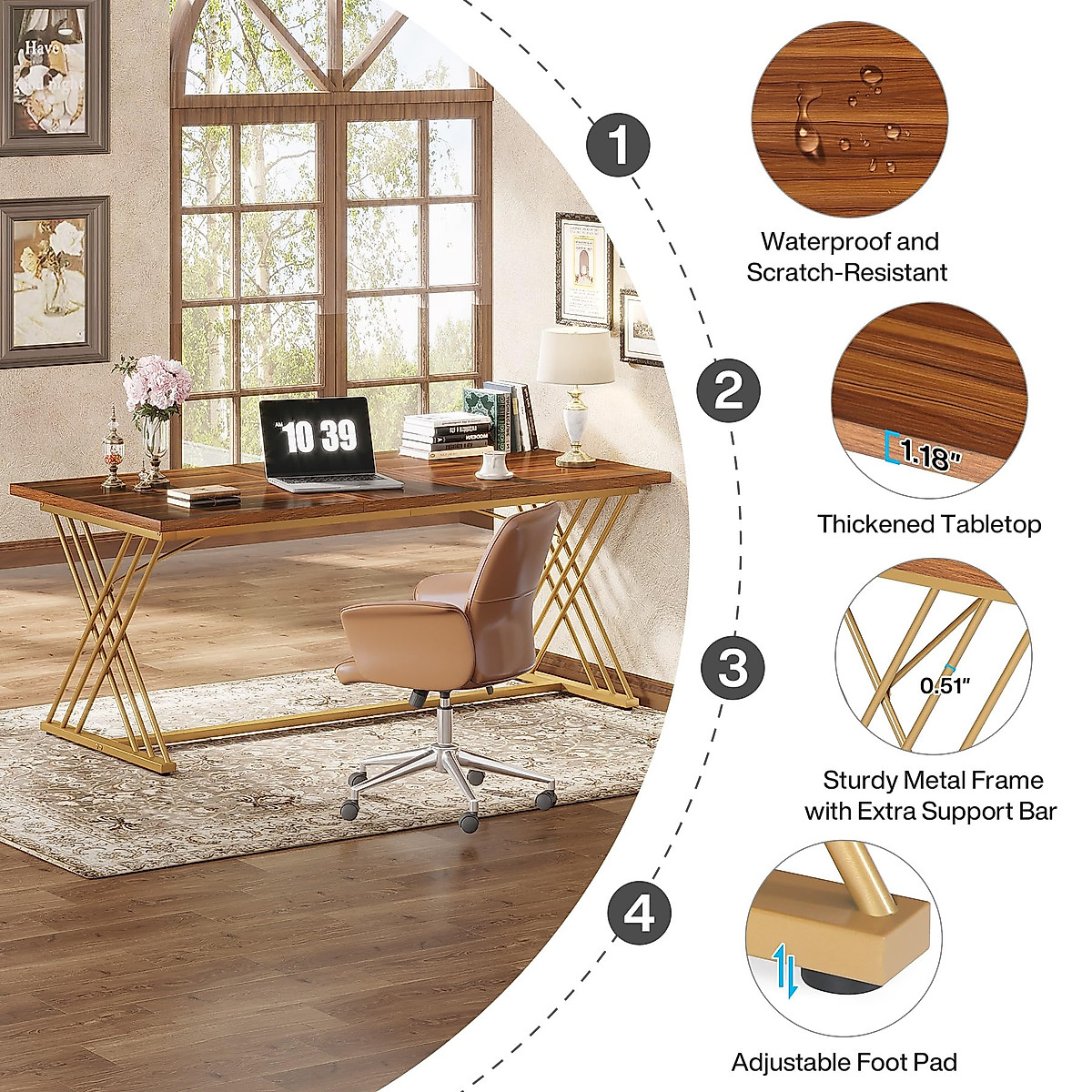 Tribesigns 63" x 31.5" Large Computer Desk, Modern Wood Home Office Desk, Computer Table Executive Desk, Study Writing Table Workstation for Living Room Bedroom Office, Brown + Gold Metal Frame