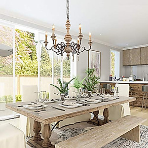 LNC Farmhouse Chandelier for Dining Room, 6-Light French Country Lighting , Handmade Wood Chandelier with Drop Pendants, Distressed White, 30.7”Dia