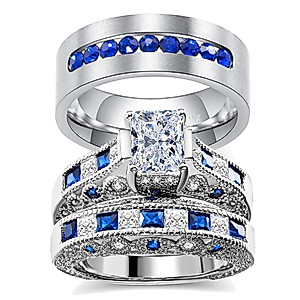 LOVERSRING 3pc Two Rings His and Hers Couple Rings Bridal Sets His Hers Women White Gold Plated Blue Sapphire Cz Man Titanium Wedding Ring Band Set