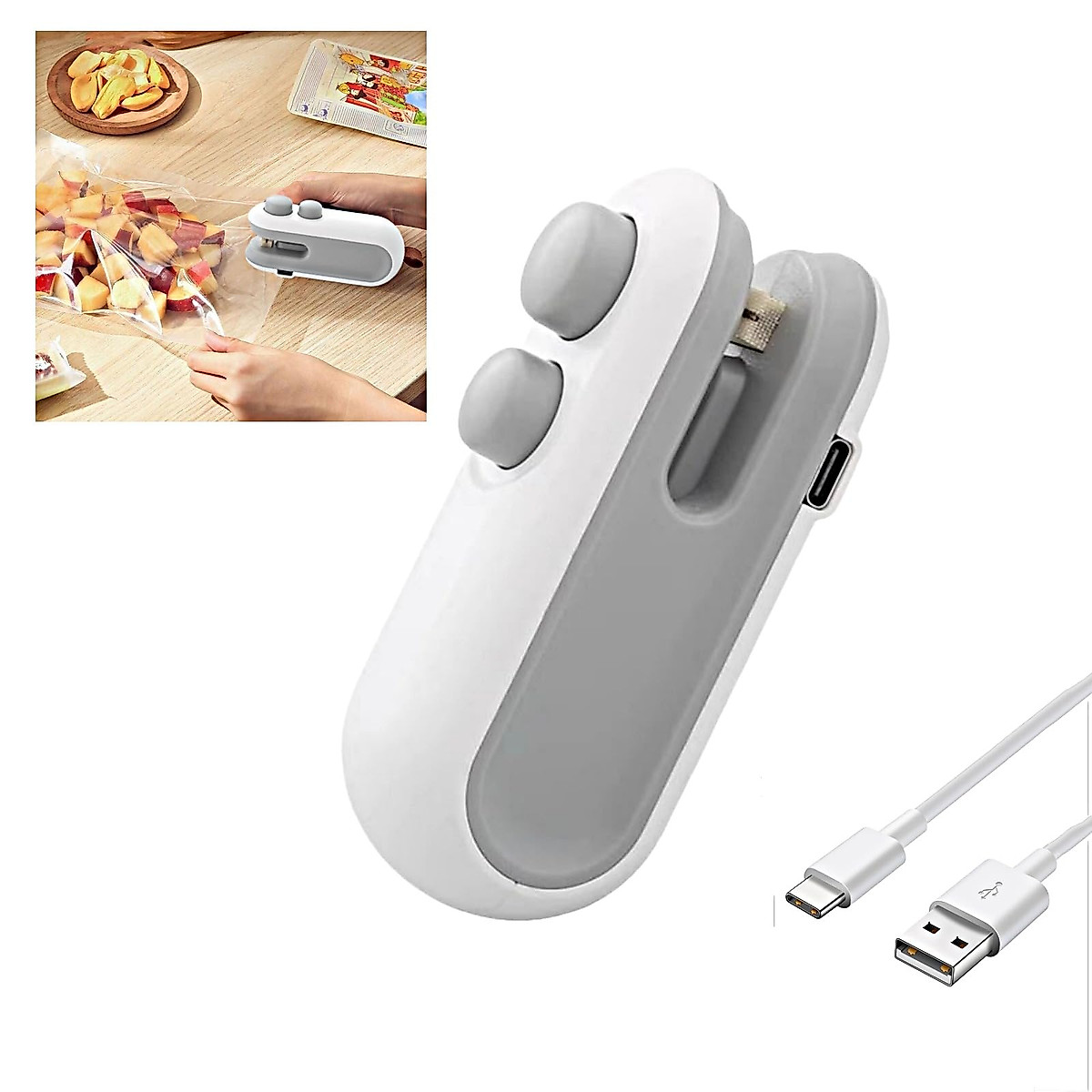 Mini Bag Sealer,Portable,Rechargeable Handheld Heat Vacuum Sealer,2 in 1 Sealer and Cutter, Portable Resealer Machine for Plastic Bags Food Storage Snacks Freshness，Magnetic attraction (White)